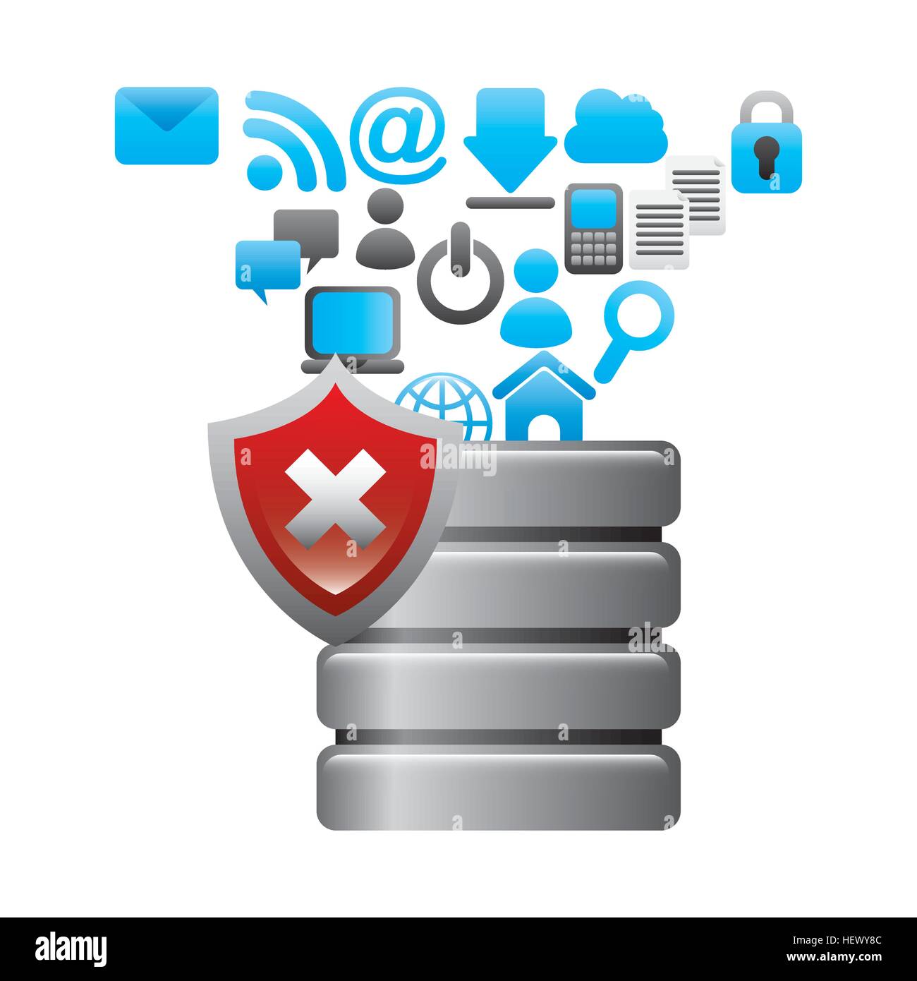 data center with wrong shield and social network icons around over ...