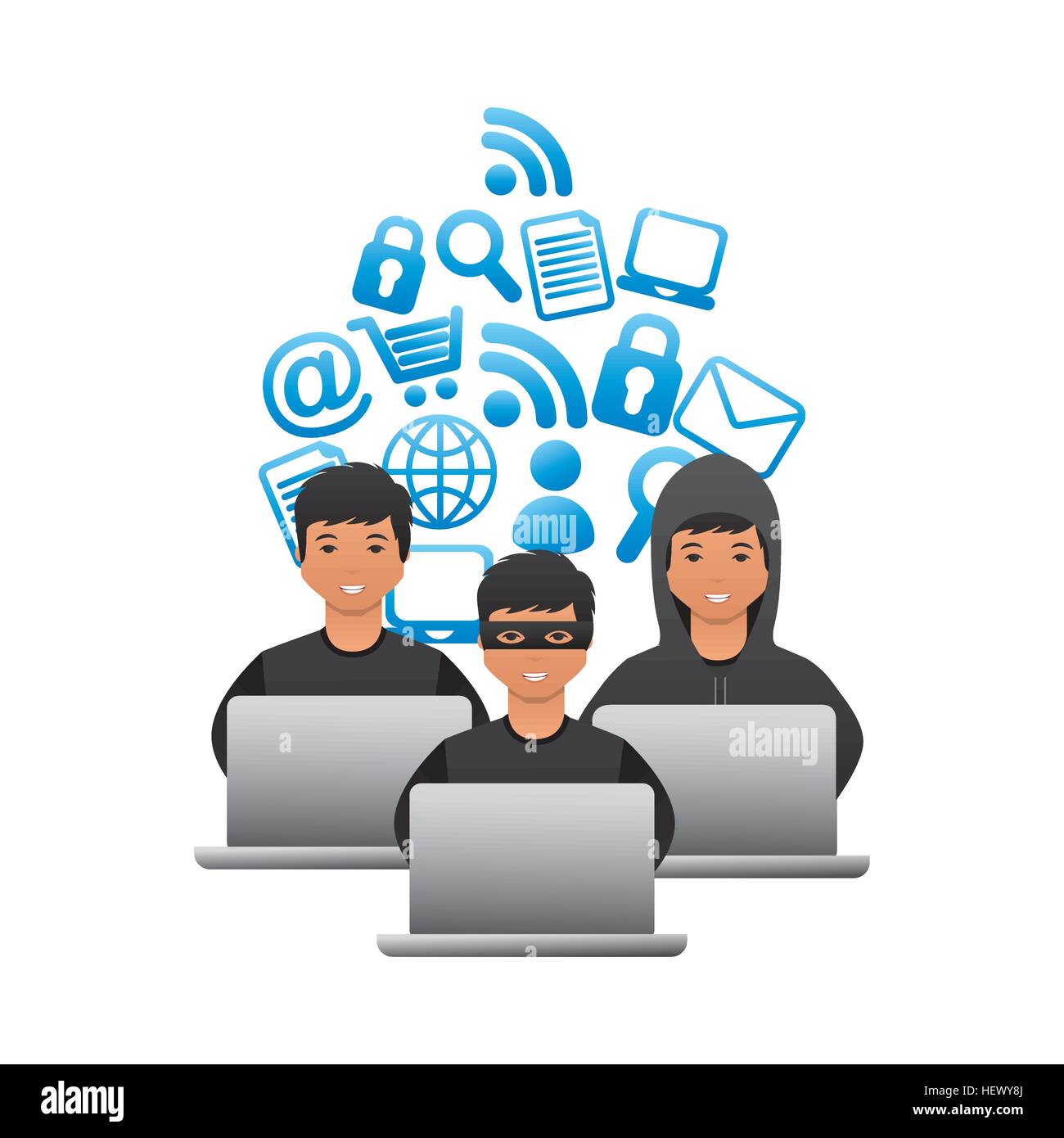 cartoon hackers men with laptops computers icon over white background ...