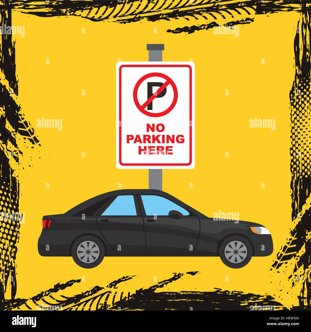 black car vehicle over and sign of no parking here. colorful design ...