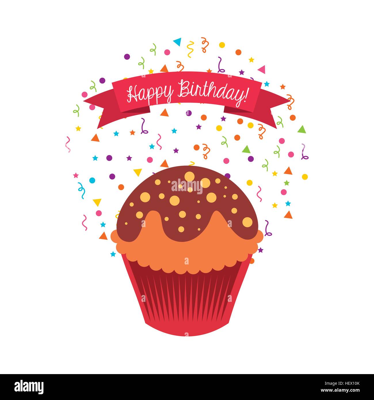 happy birthday card with cartoon cupcake icon and ribbon decoration ...