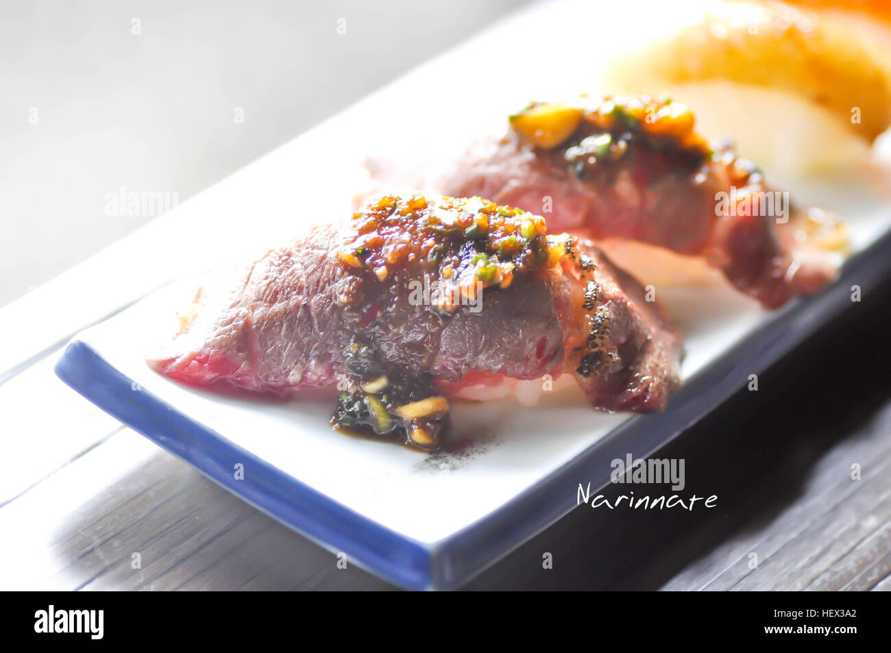 gyuuniku sushi , rice topped with raw beef (Japanese food Stock Photo ...