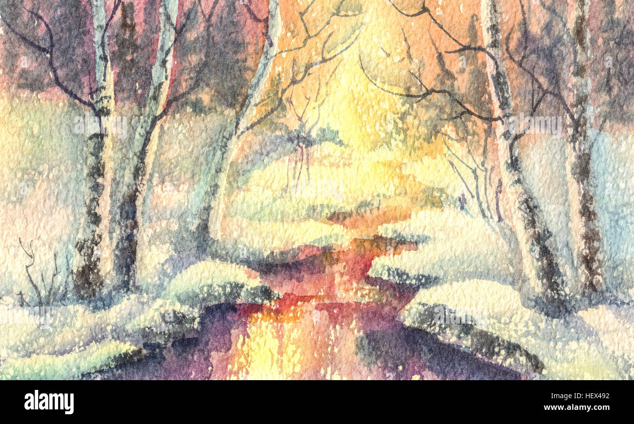 winter forest watercolor landscape Stock Photo - Alamy