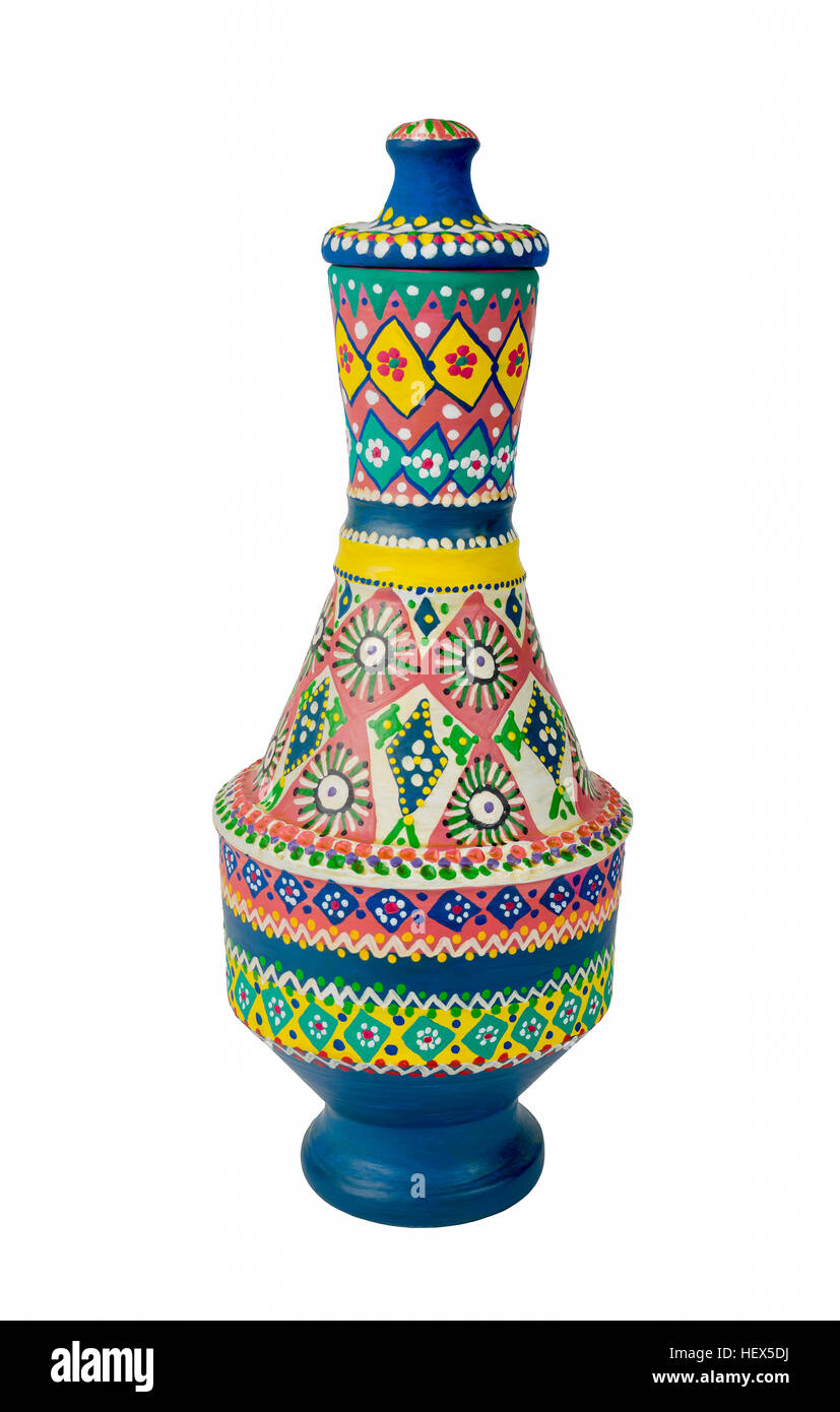 Egyptian decorated colorful painted pottery vase (arabic: Kolla), an ...