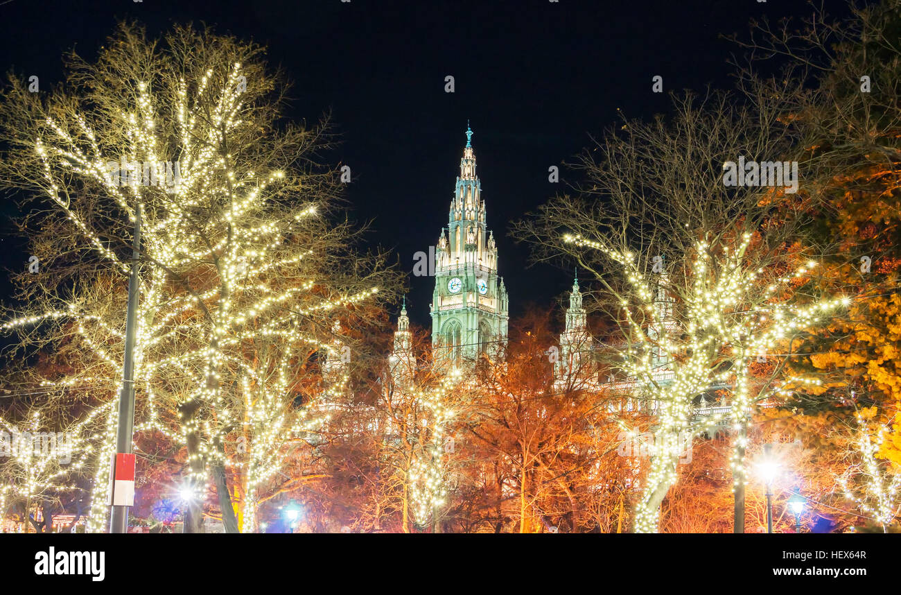 The Rathaus(City Hall)of Vienna and trees illuminated for Christmas ...
