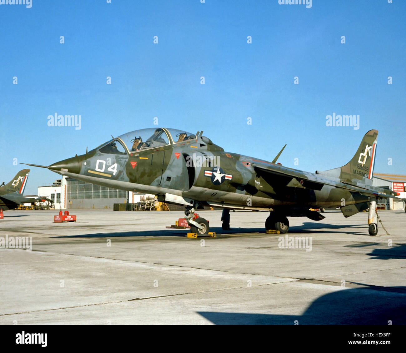 A left front view of a Marine TAV-8A Harrier aircraft sitting on the ...