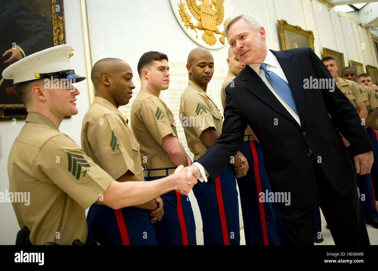 Secretary of the Navy the Honorable Ray Mabus greets Marines assigned ...