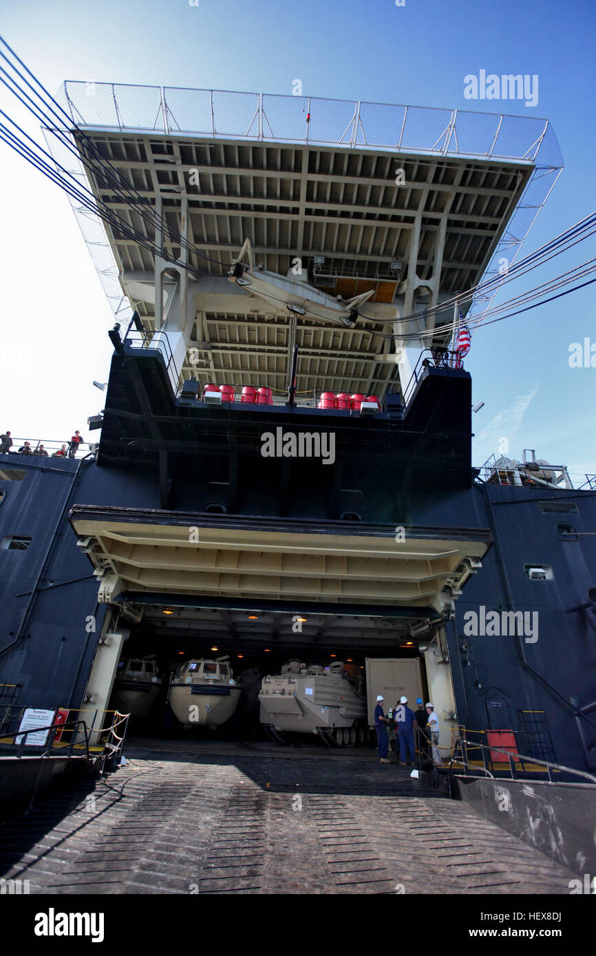 U.S. Navy sailors and Marines offload equipment from USNS Sgt. William ...