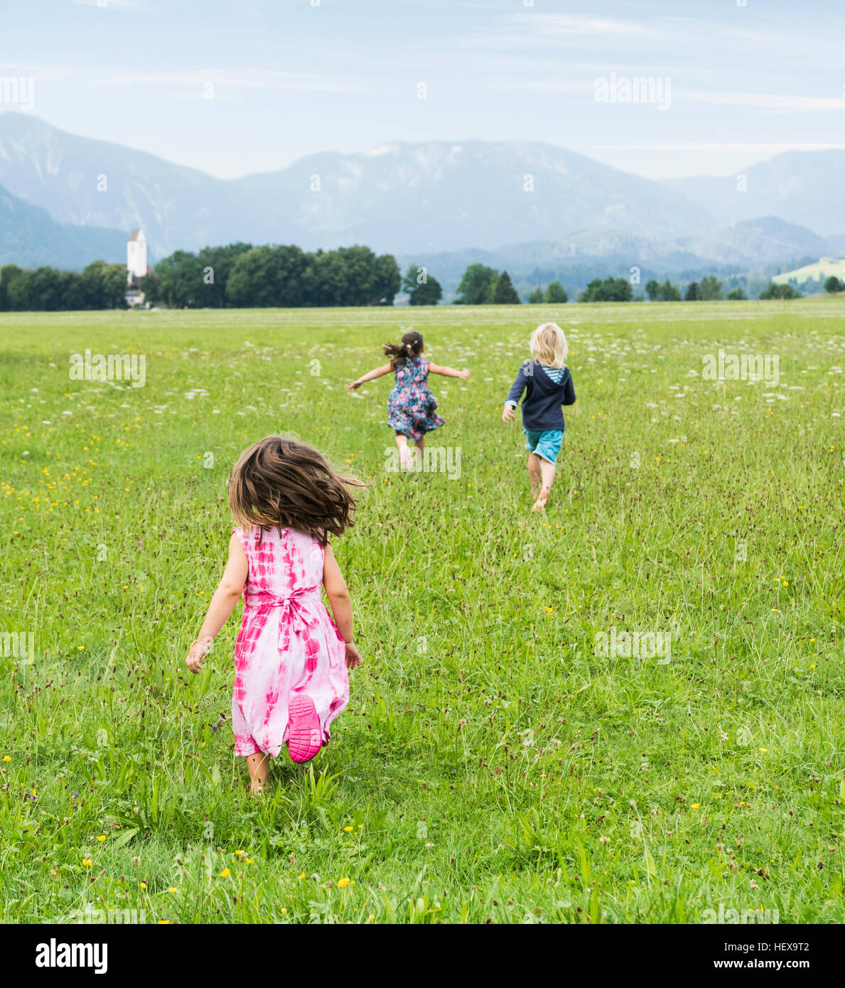 Rear view of children running in field, Fuessen, Bavaria, Germany Stock ...