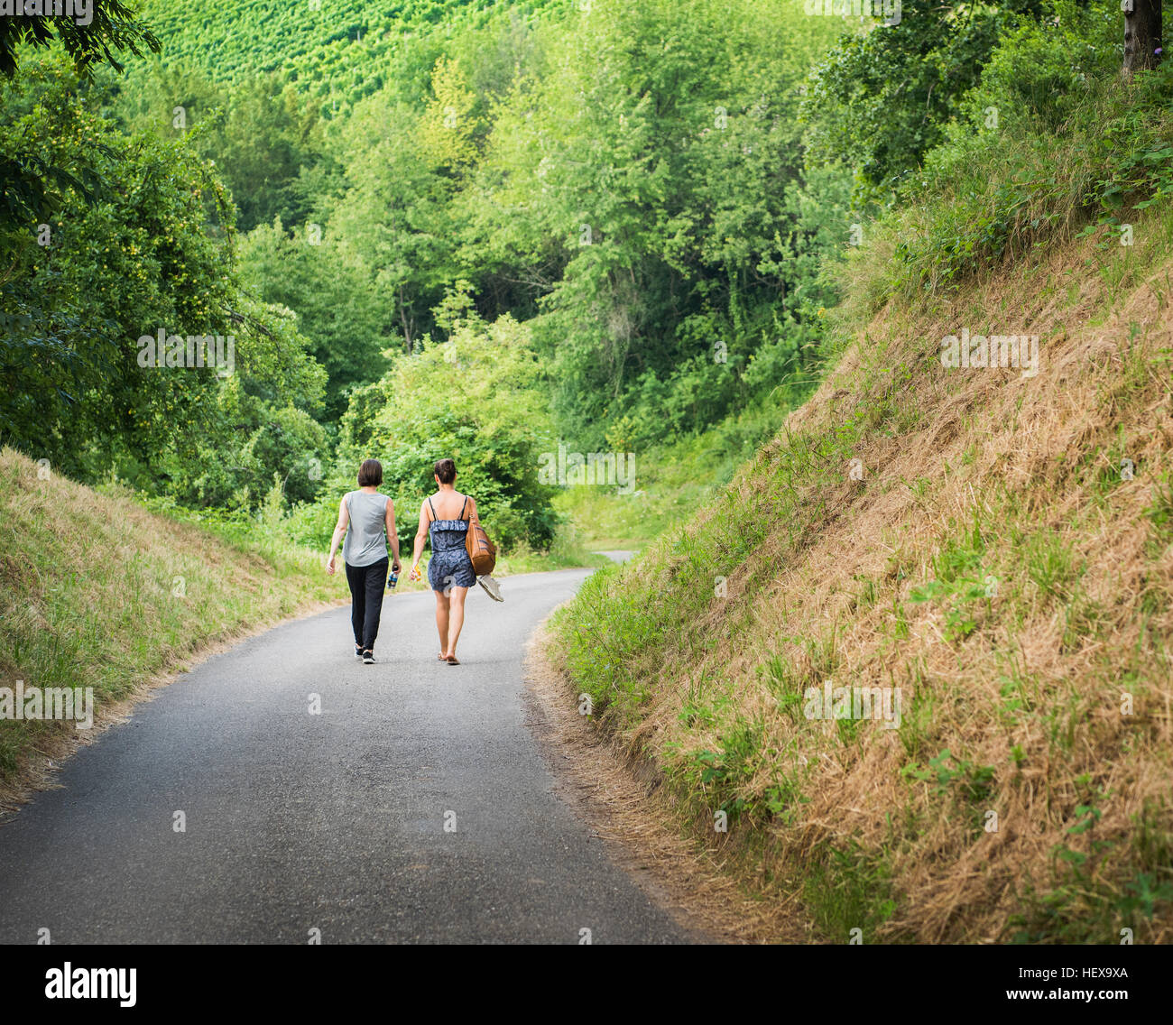 Rear view of friends walking on rural road Stock Photo - Alamy