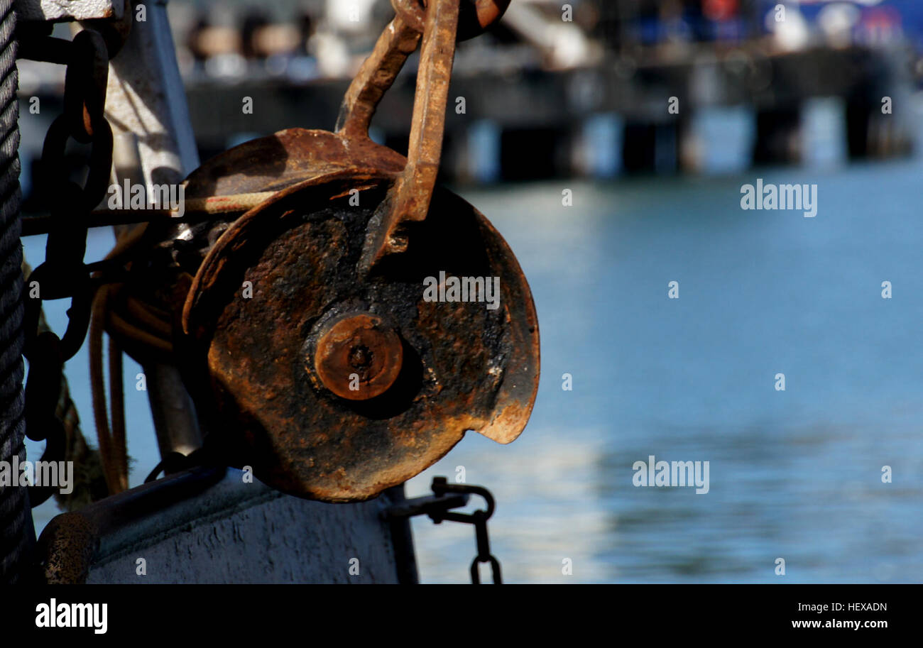 This image captures various maritime elements, including buoys, cleats ...