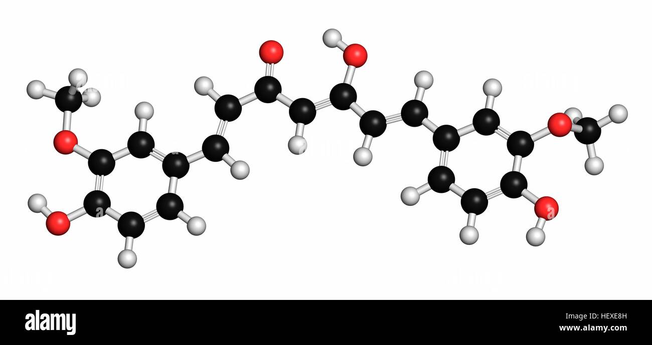 Curcumin turmeric spice molecule, computer illustration. Atoms are ...