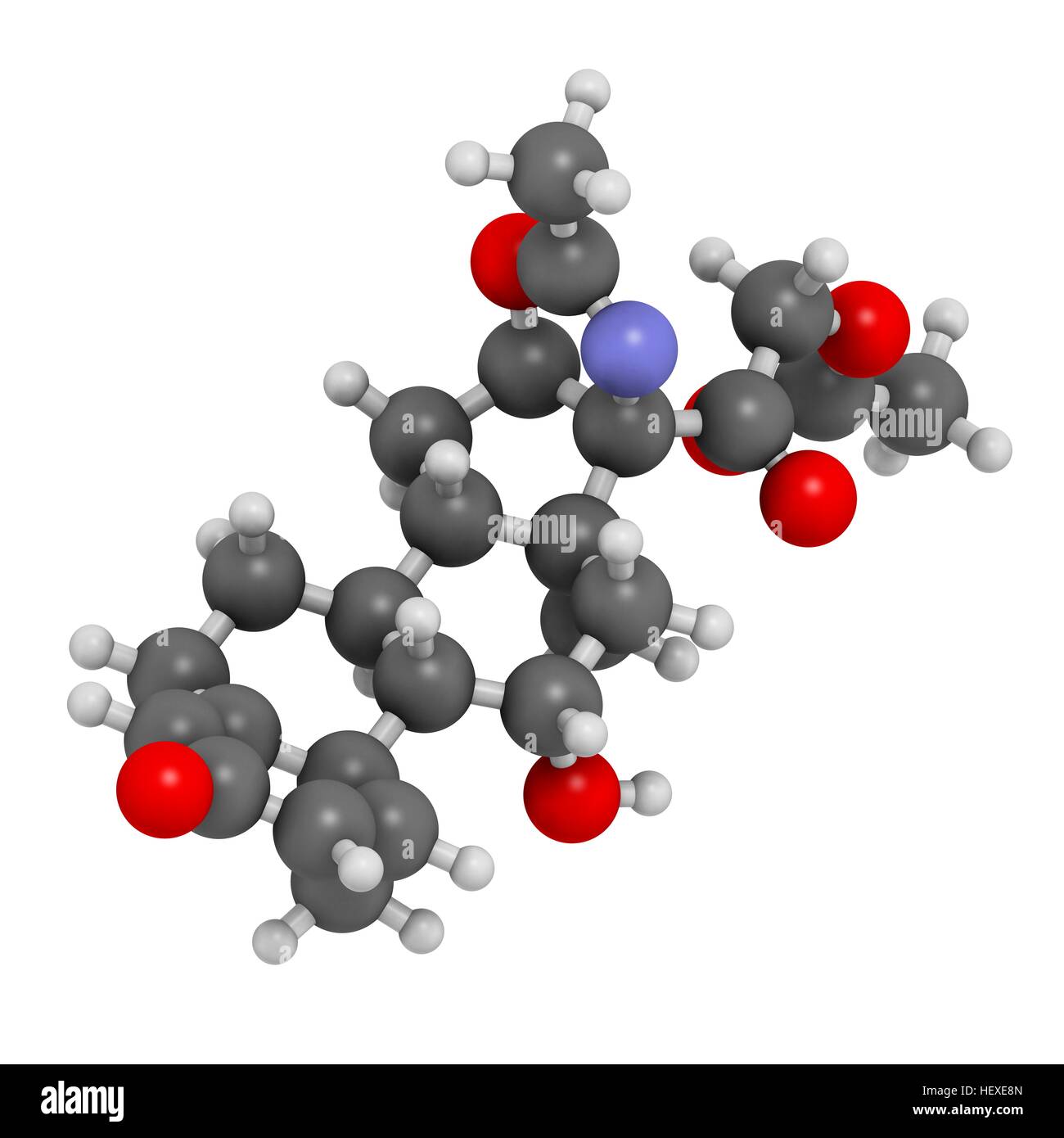Deflazacort glucocorticoid drug molecule, computer illustration. Atoms ...