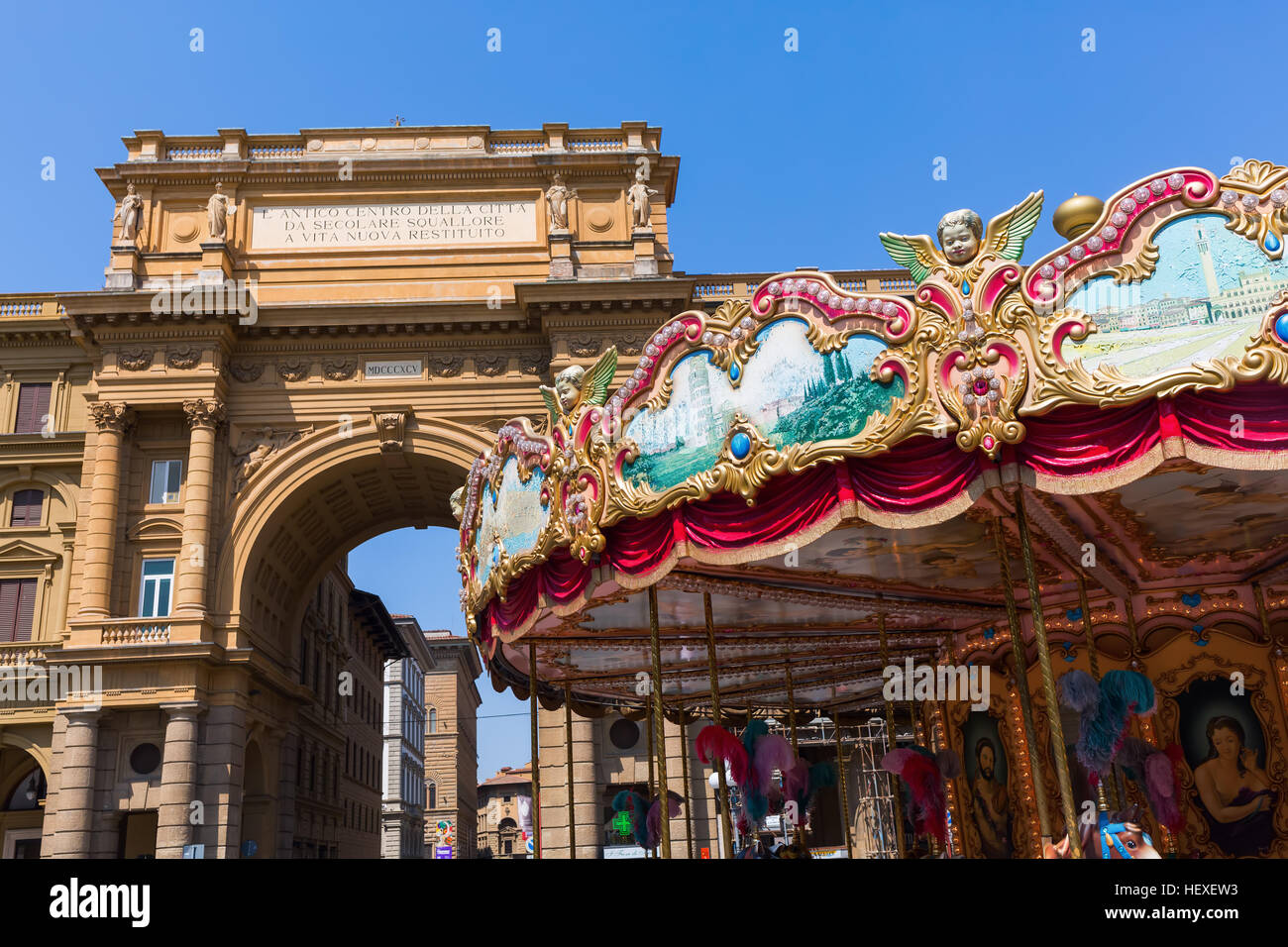 Florence, Italy - July 04, 2016: Piazza della Repubblica with antique ...