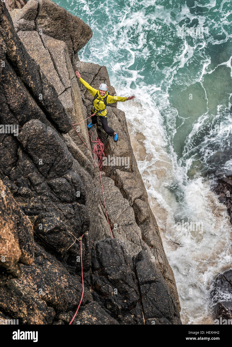 UK, Cornwall, woman with outstretched arms on Commando Ridge Stock ...