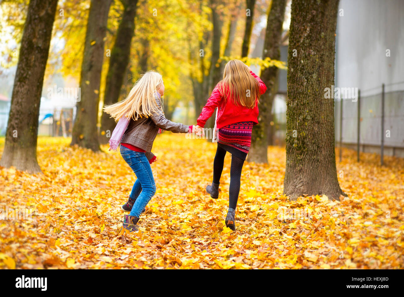 Back view of two jumping girls in autumn Stock Photo - Alamy
