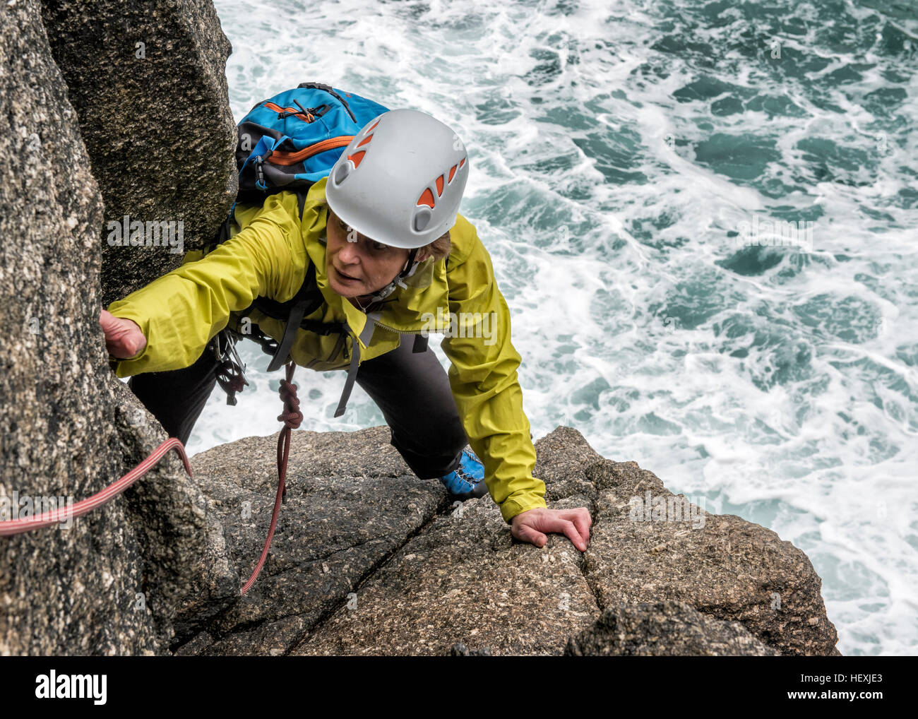 UK, Cornwall, woman climbing on Commando Ridge Stock Photo - Alamy
