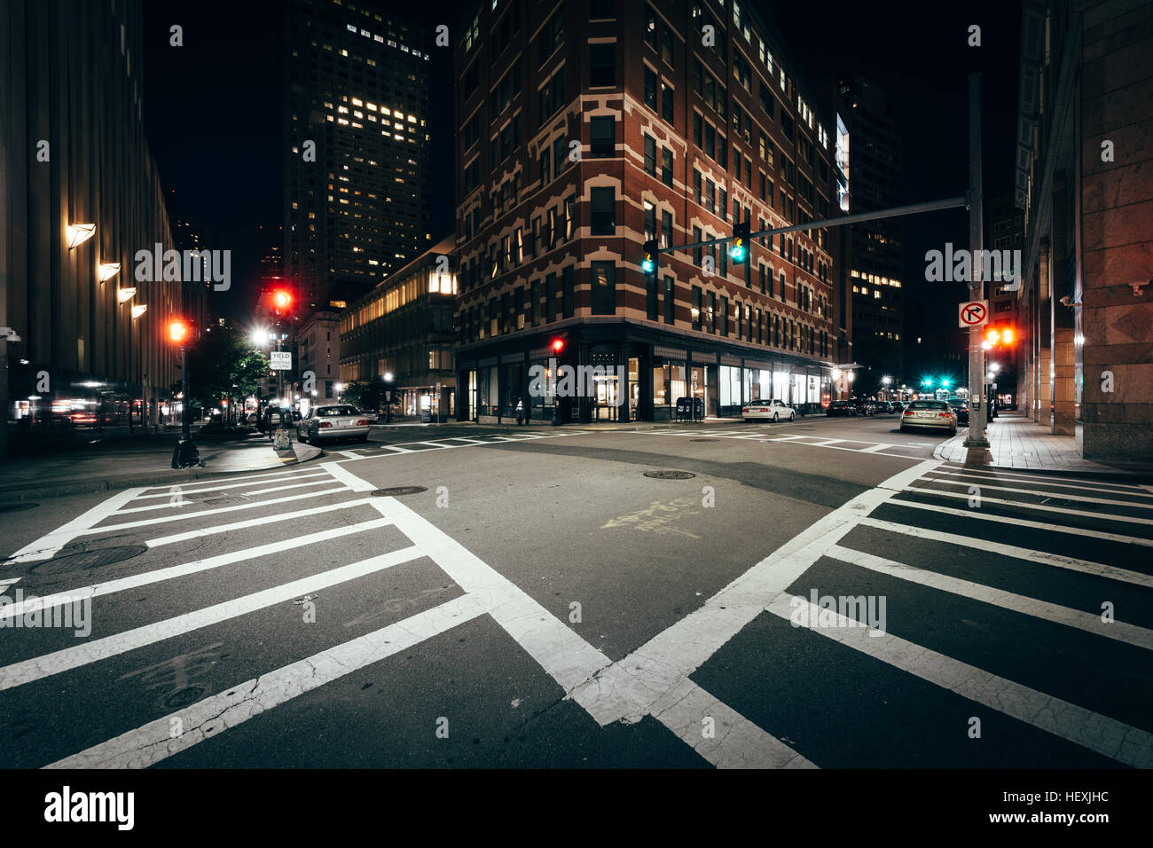 Crosswalks and intersection at night, in Boston, Massachusetts Stock ...