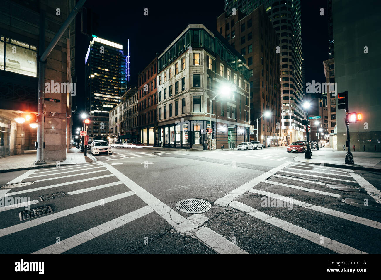 Crosswalks and intersection at night, in Boston, Massachusetts Stock ...