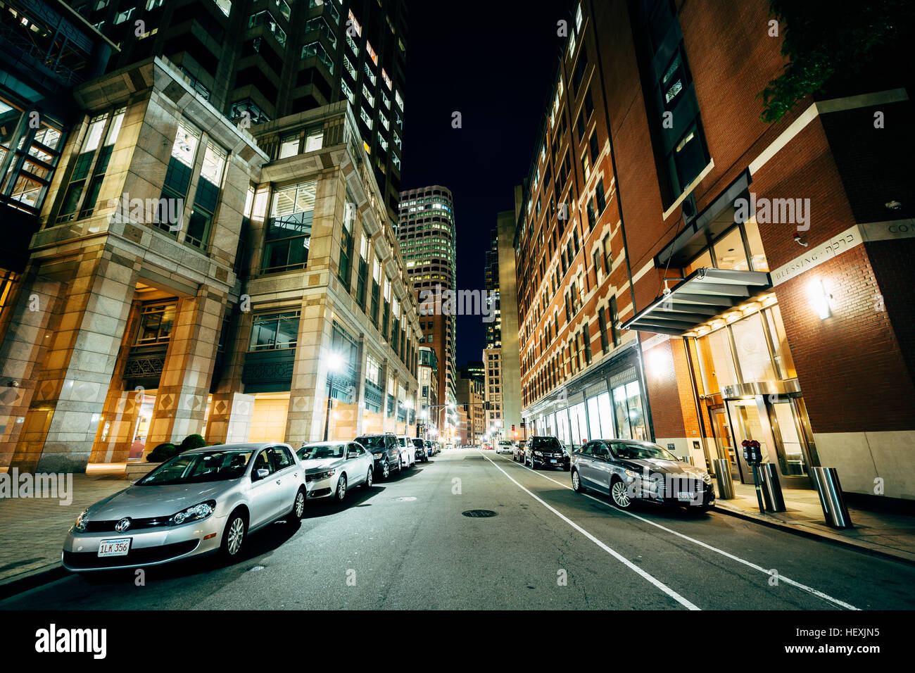 Modern buildings and street in the Financial District at night, in ...
