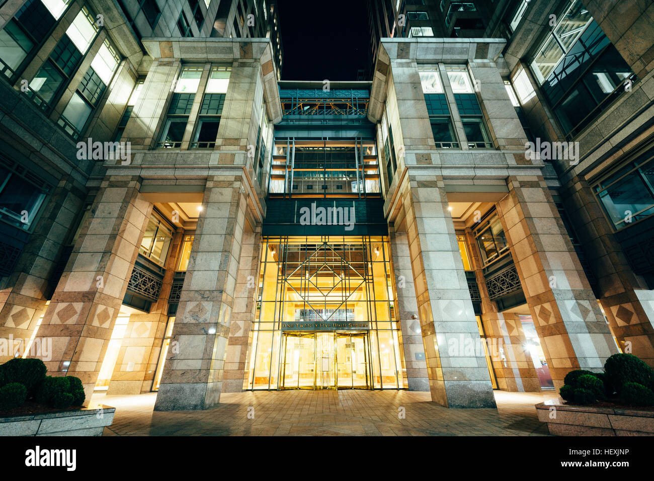 Modern buildings in the Financial District at night, in Boston ...