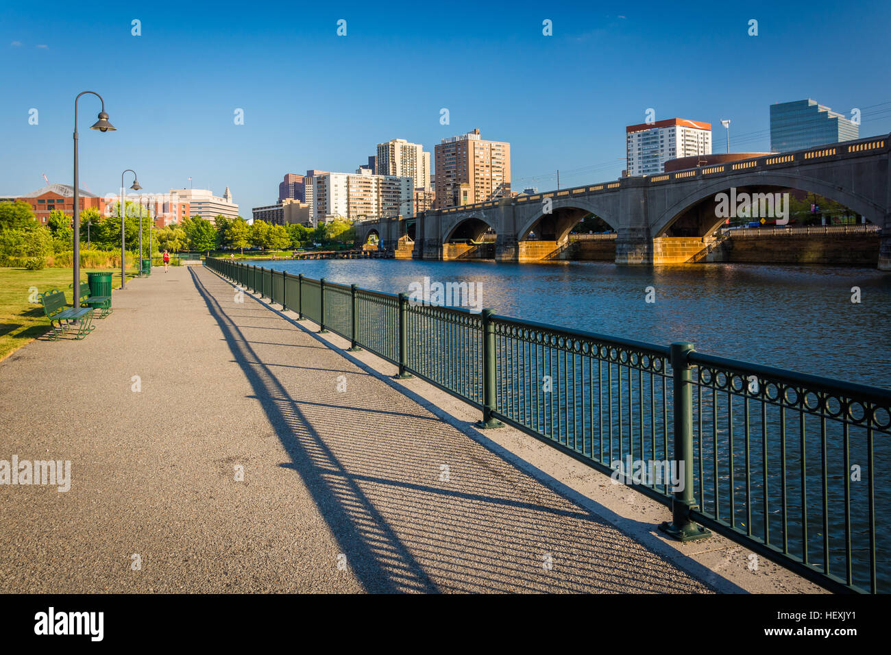The Charles River and railroad bridge at North Point Park in Boston ...