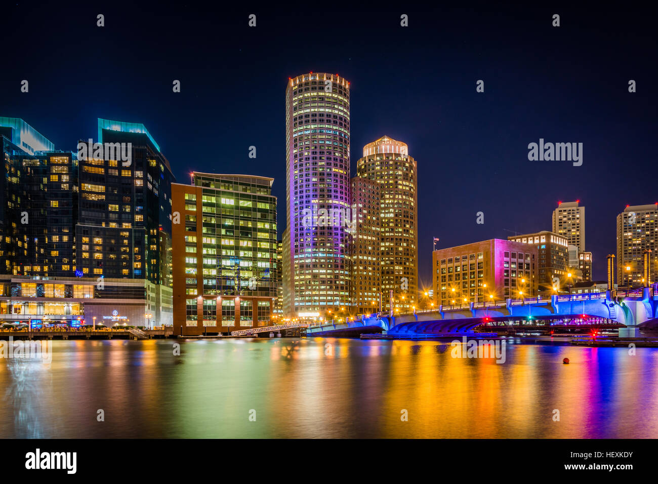 The Boston skyline and Fort Point Channel at night, in Boston ...