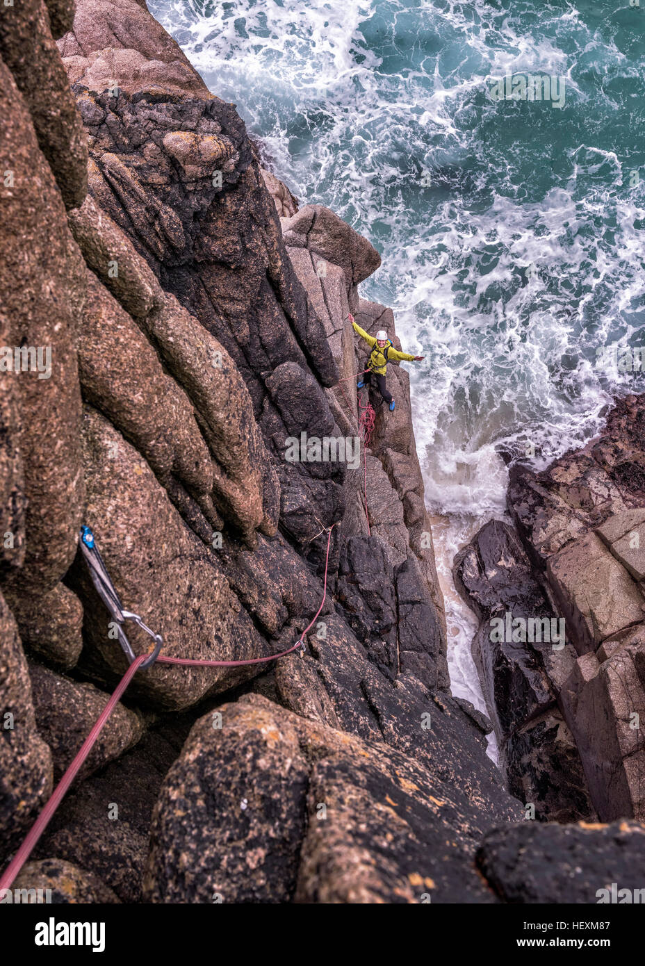 UK, Cornwall, woman with outstretched arms on Commando Ridge Stock ...