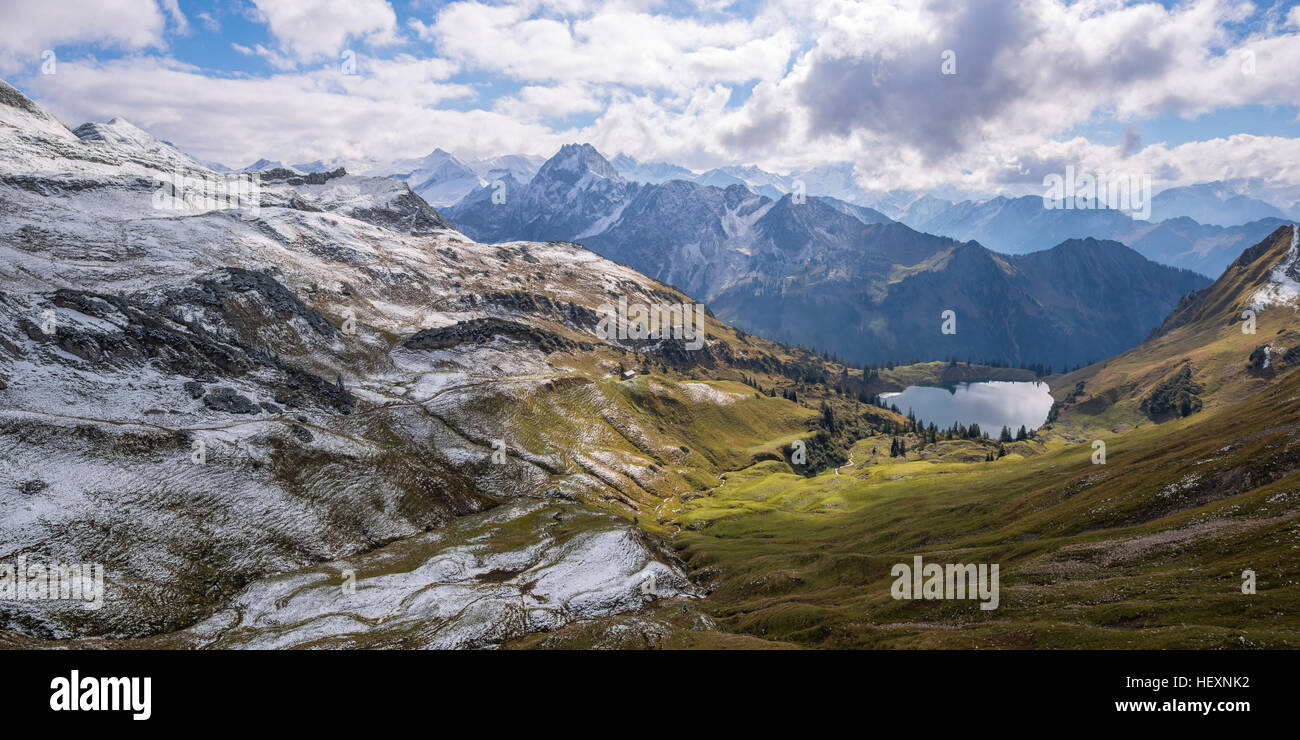 Germany, Allgaeu Alps, panoramic view from Zeigersattel to Seealpsee ...