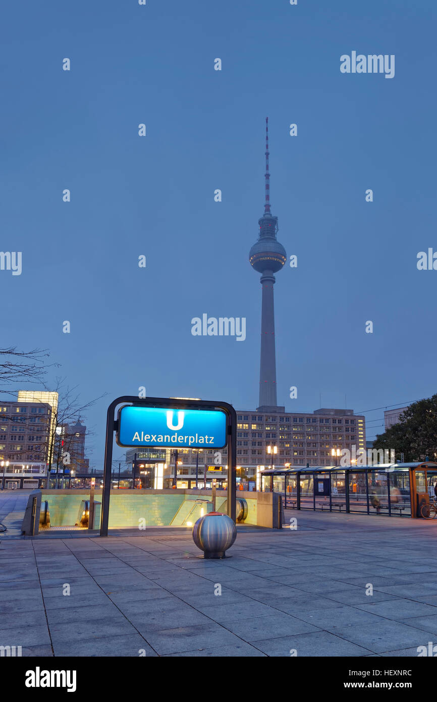 Germany, Berlin, view to television tower with underground sign in the ...