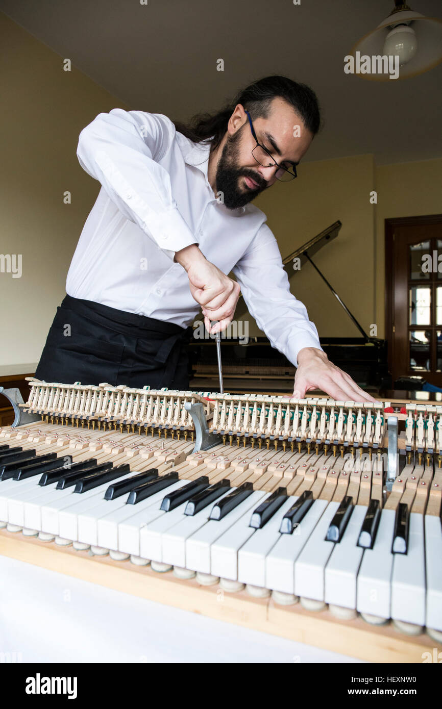 Piano tuner tuning grand piano Stock Photo - Alamy