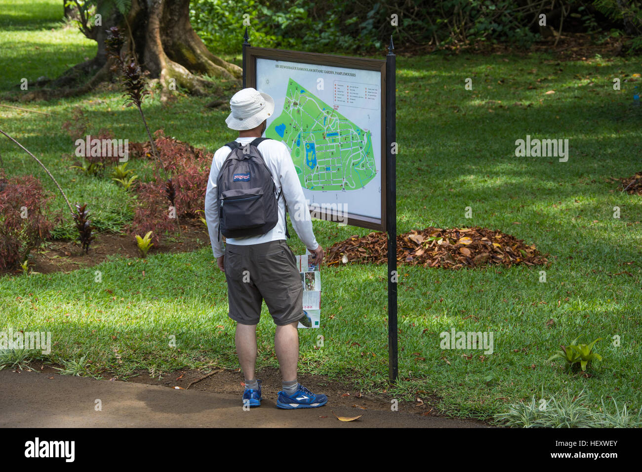 Tourist looking at a map at Sir Seewoosagur Ramgoolam Botanic Garden ...