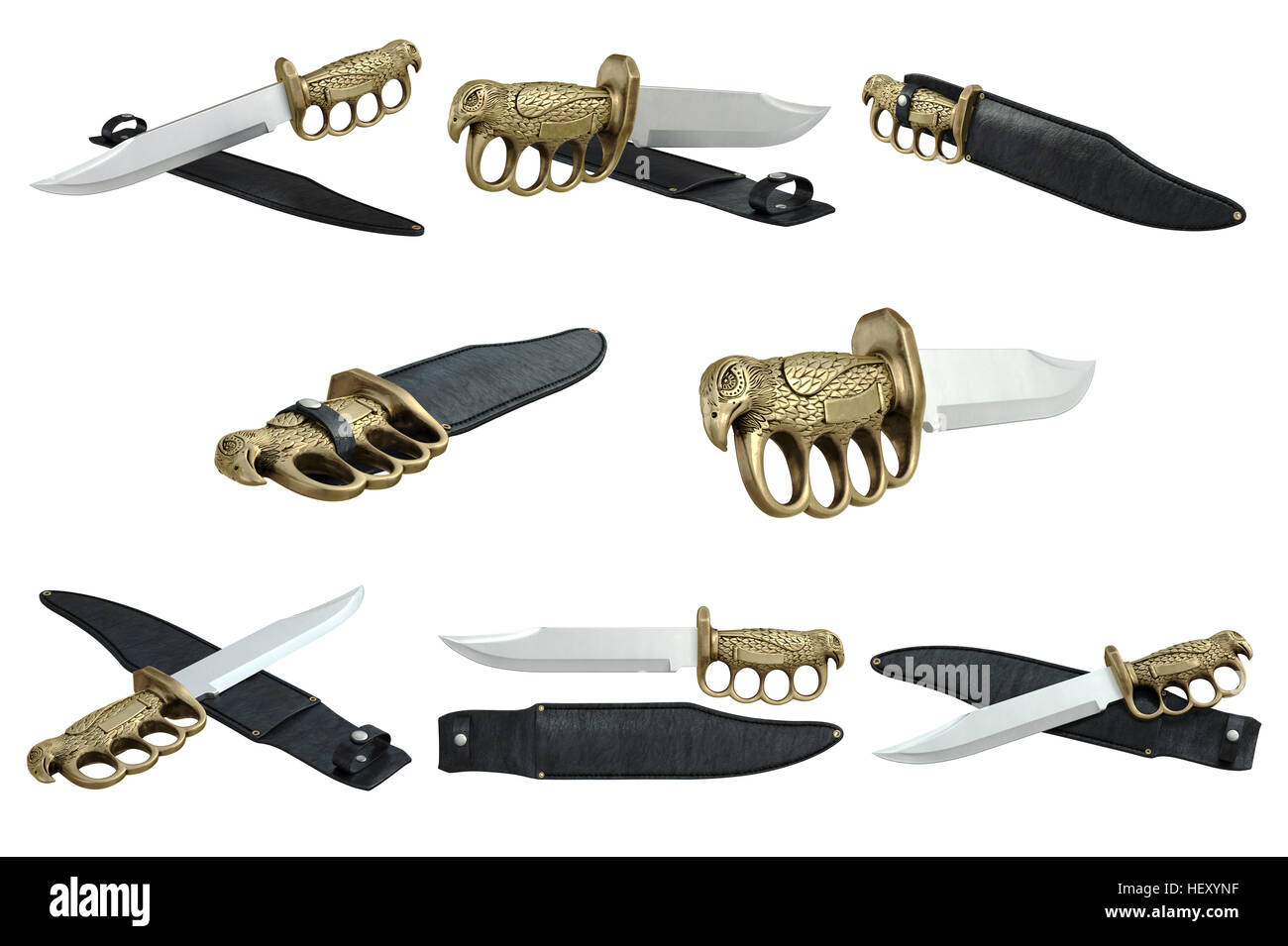 Knife steel dagger with shiny gold handle set. 3D illustration Stock ...