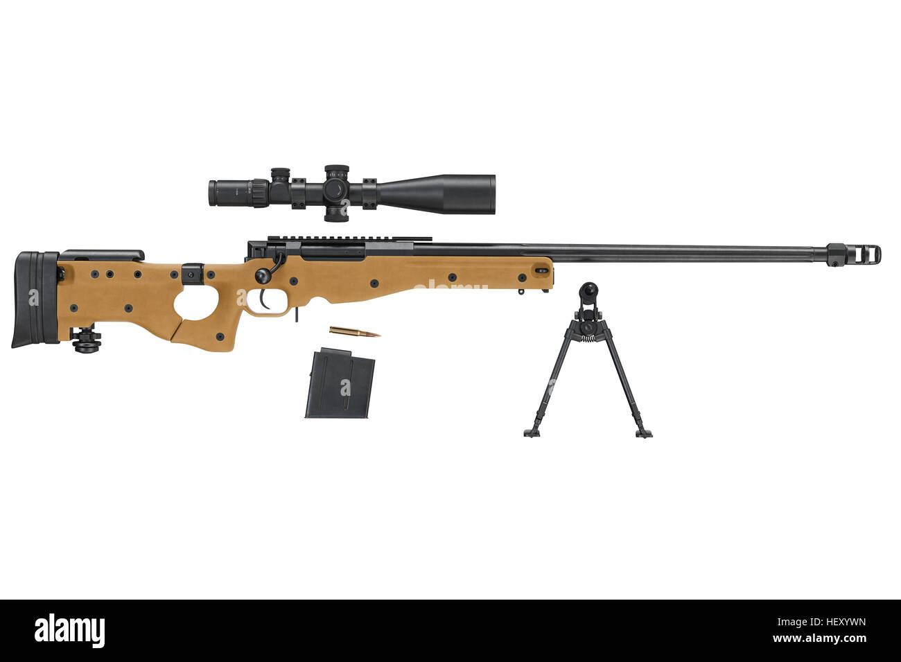 Rifle sniper weapon disassembled, side view. 3D rendering Stock Photo ...