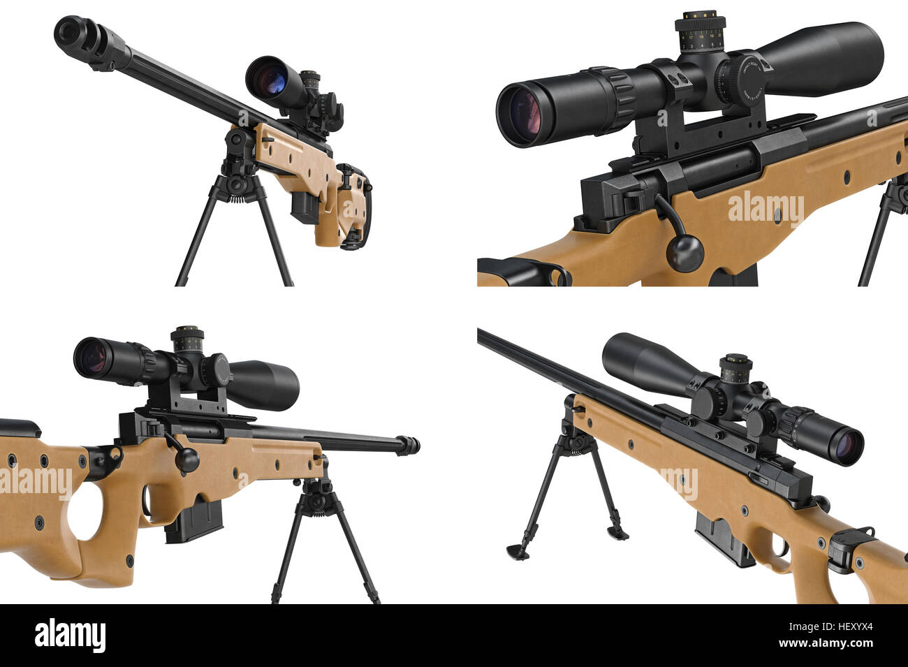 Rifle sniper beige modern gun set, close view. 3D rendering Stock Photo ...