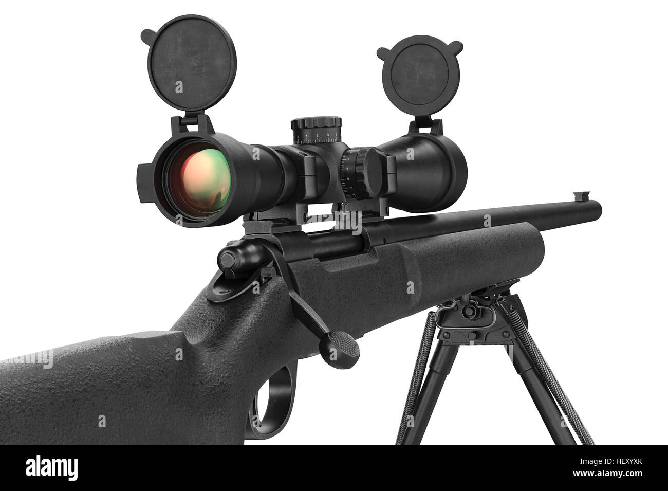 Rifle sniper military with lens optical scope, close view. 3D rendering ...