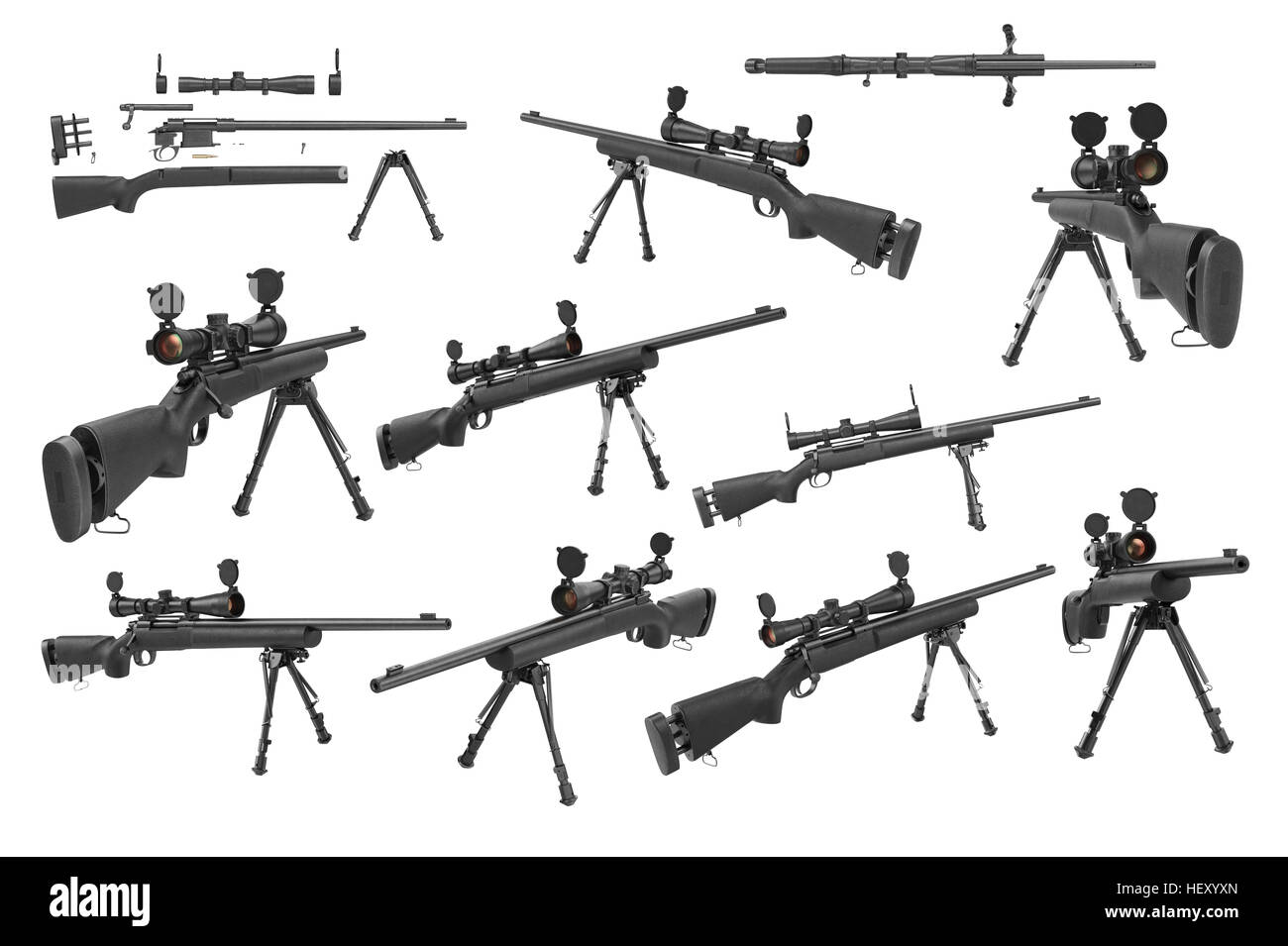 Rifle sniper with optical scope weapon gun black steel set. 3D ...