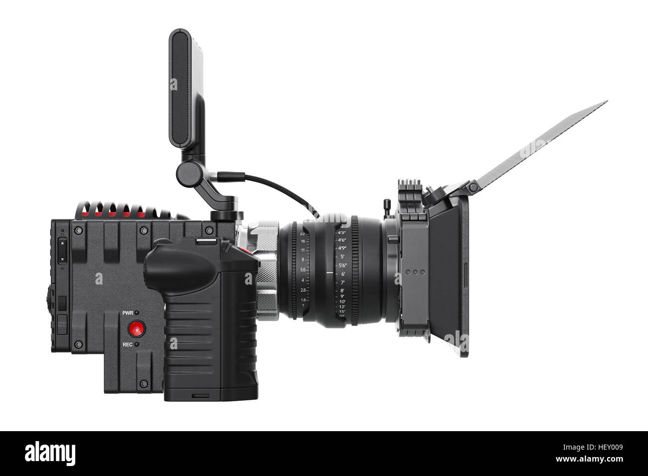 Camera video professional optical, side view. 3D rendering Stock Photo ...