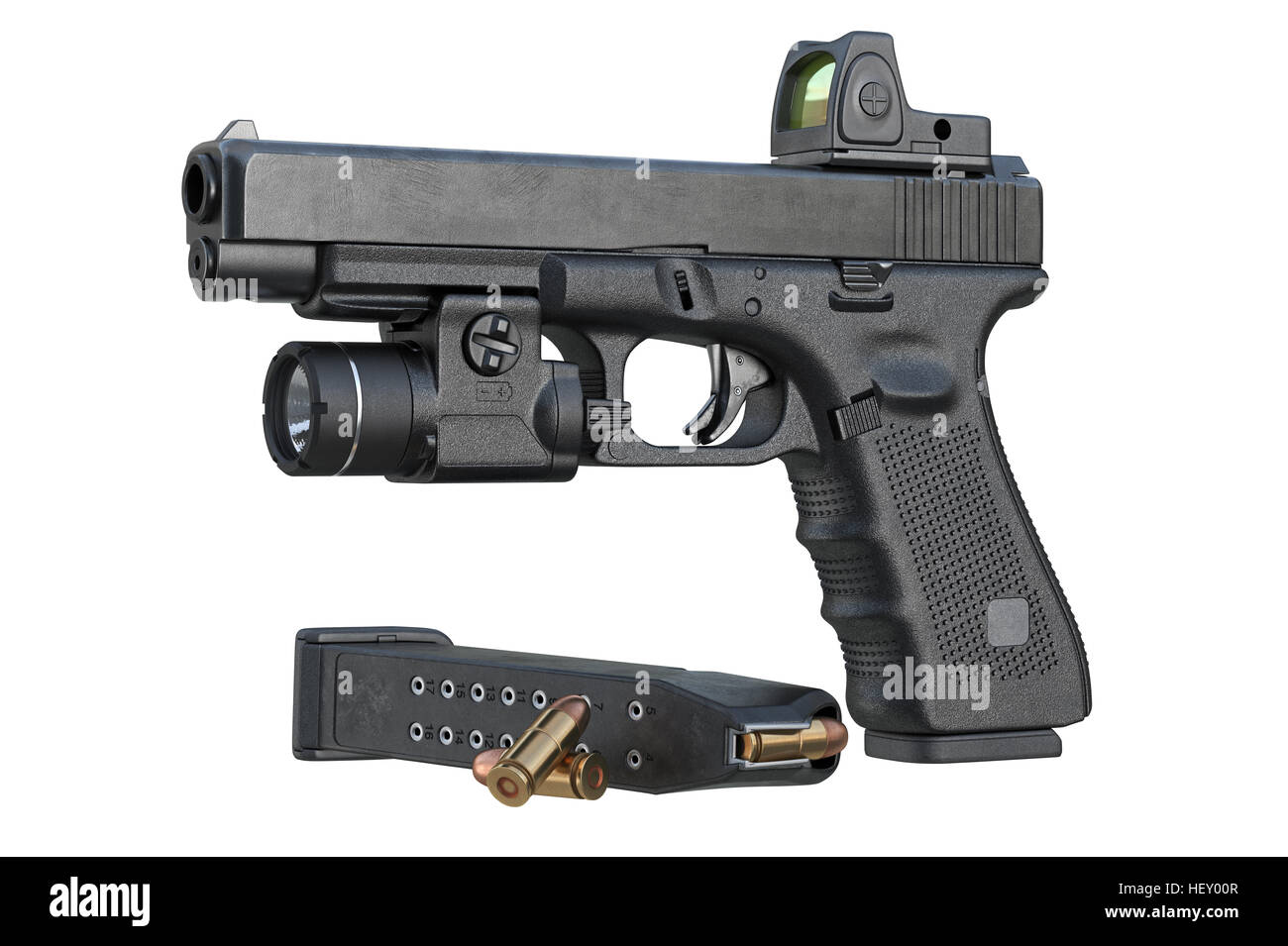 Gun weapon black military pistol with flashlight and scope. 3D ...