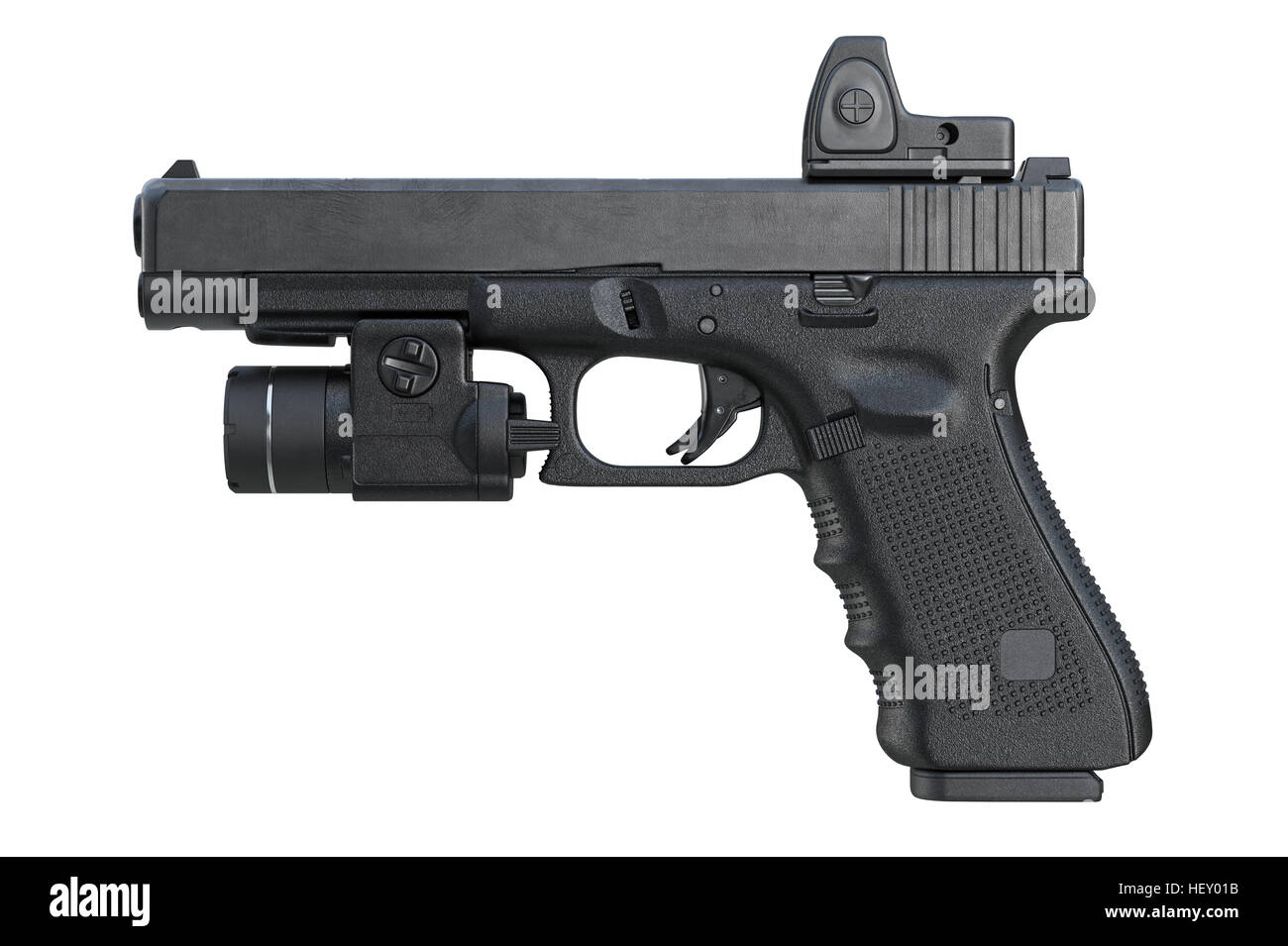 Gun weapon pistol with military scope, side view. 3D rendering Stock ...