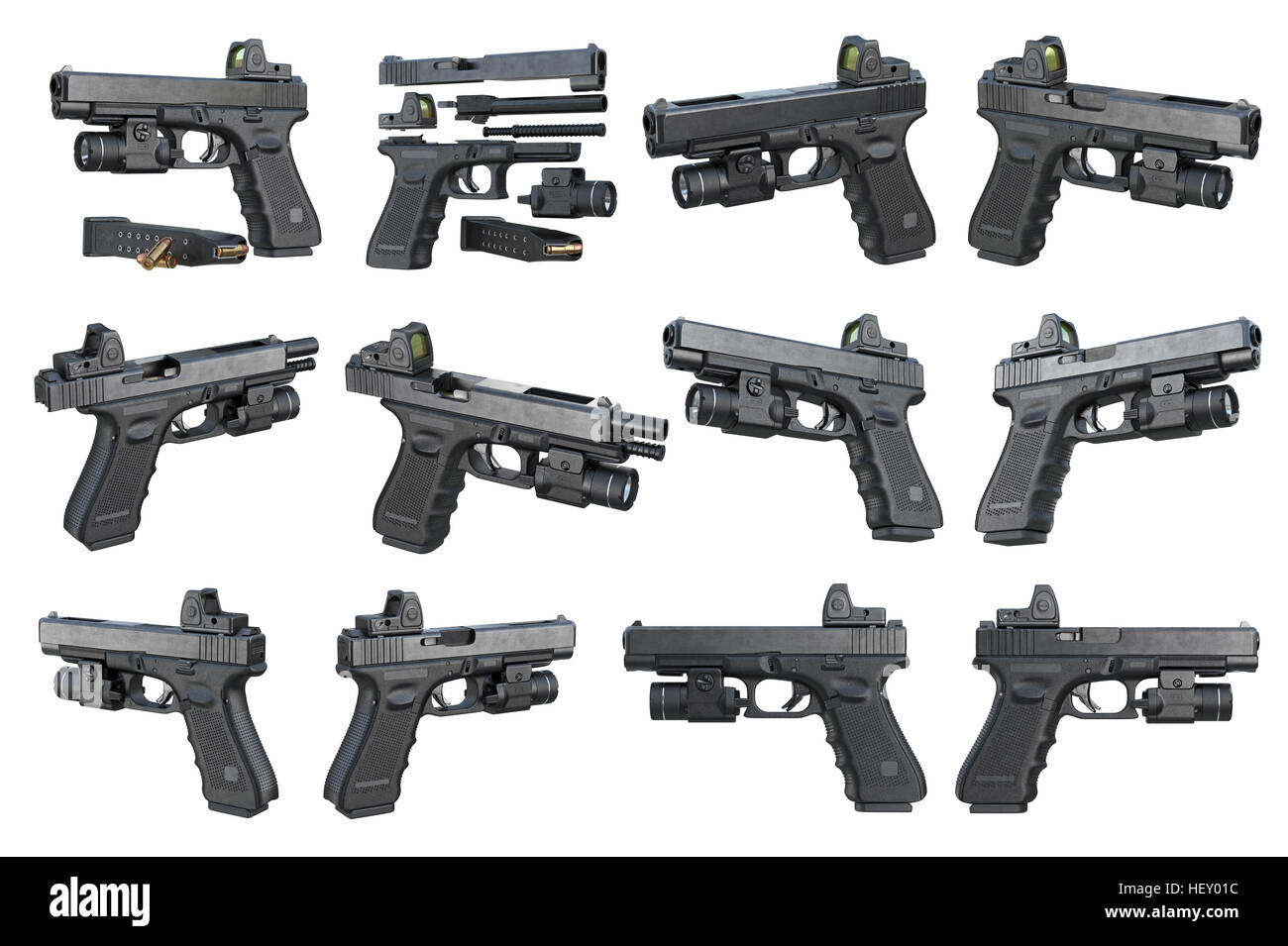 Gun weapon black military pistol with flashlight and scope set. 3D ...