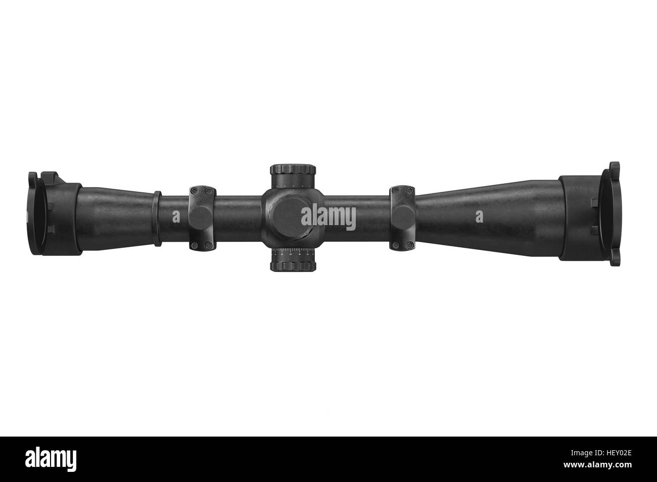 Scope optical aiming black military device, top view. 3D rendering ...