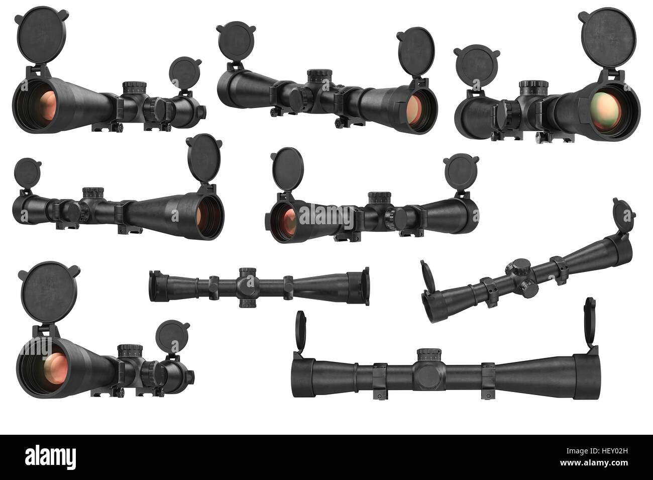 Scope optical sniper rifle black equipment, lens set. 3D rendering ...