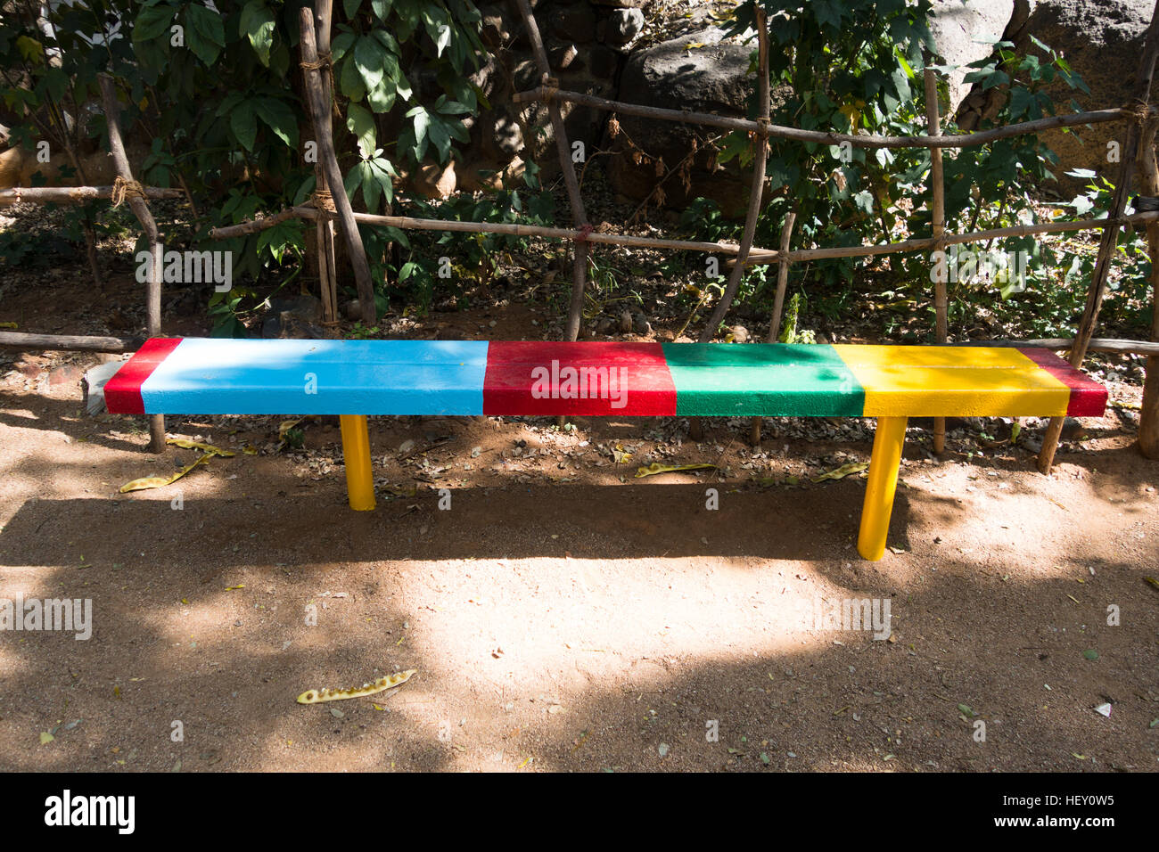 Multi-Colored metal bench in a school in Hyderabad,India Stock Photo ...