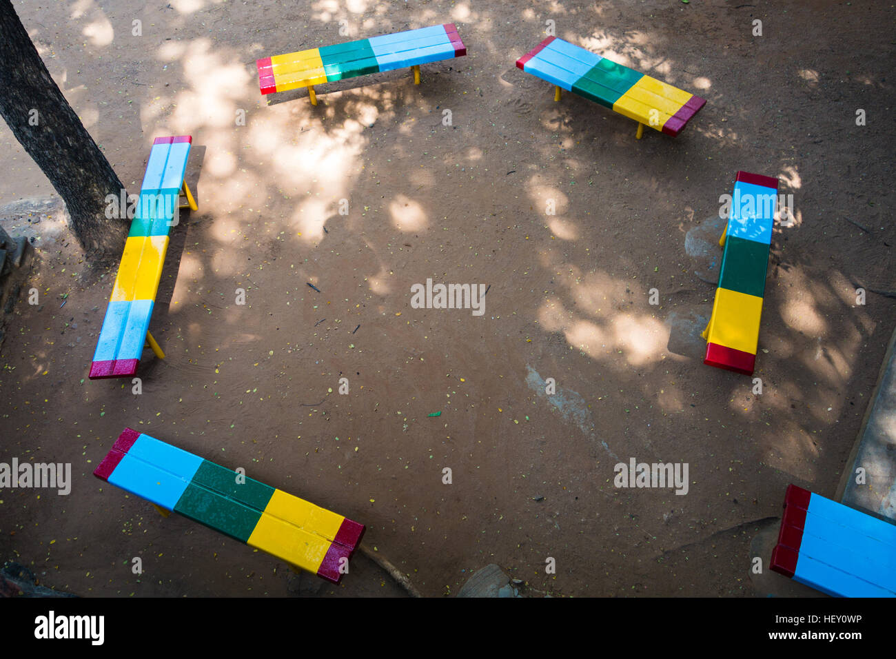 Multi-Colored metal bench in a school in Hyderabad,India Stock Photo ...