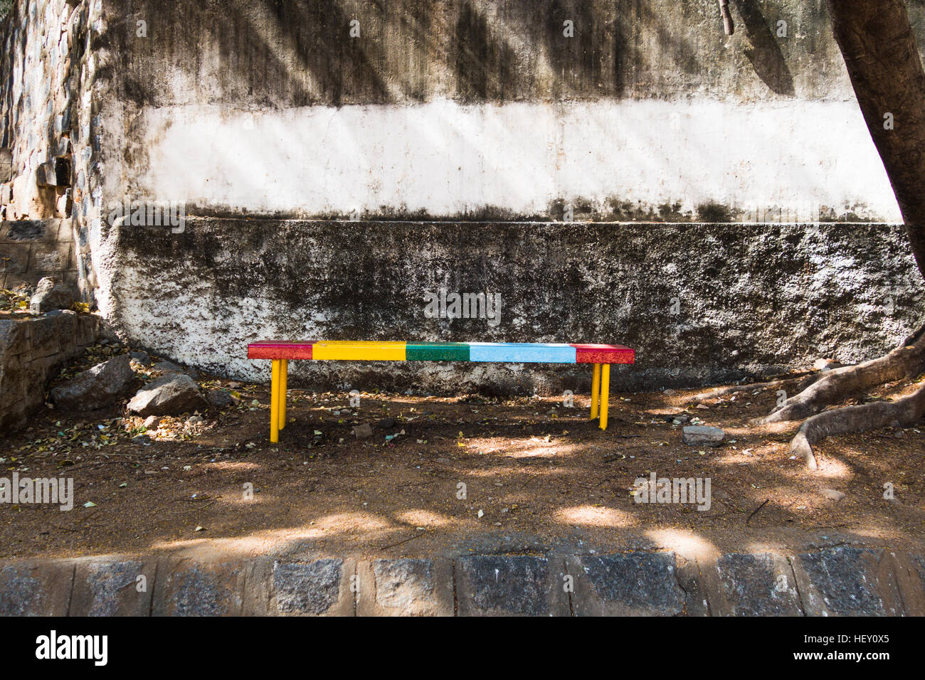 Multi-Colored metal bench in a school in Hyderabad,India Stock Photo ...