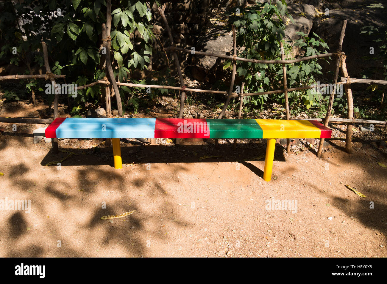 Multi-Colored metal bench in a school in Hyderabad,India Stock Photo ...