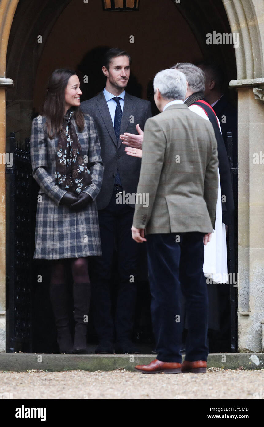 Pippa Middleton, James Matthews and Michael Middleton leave following the morning Christmas Day ...