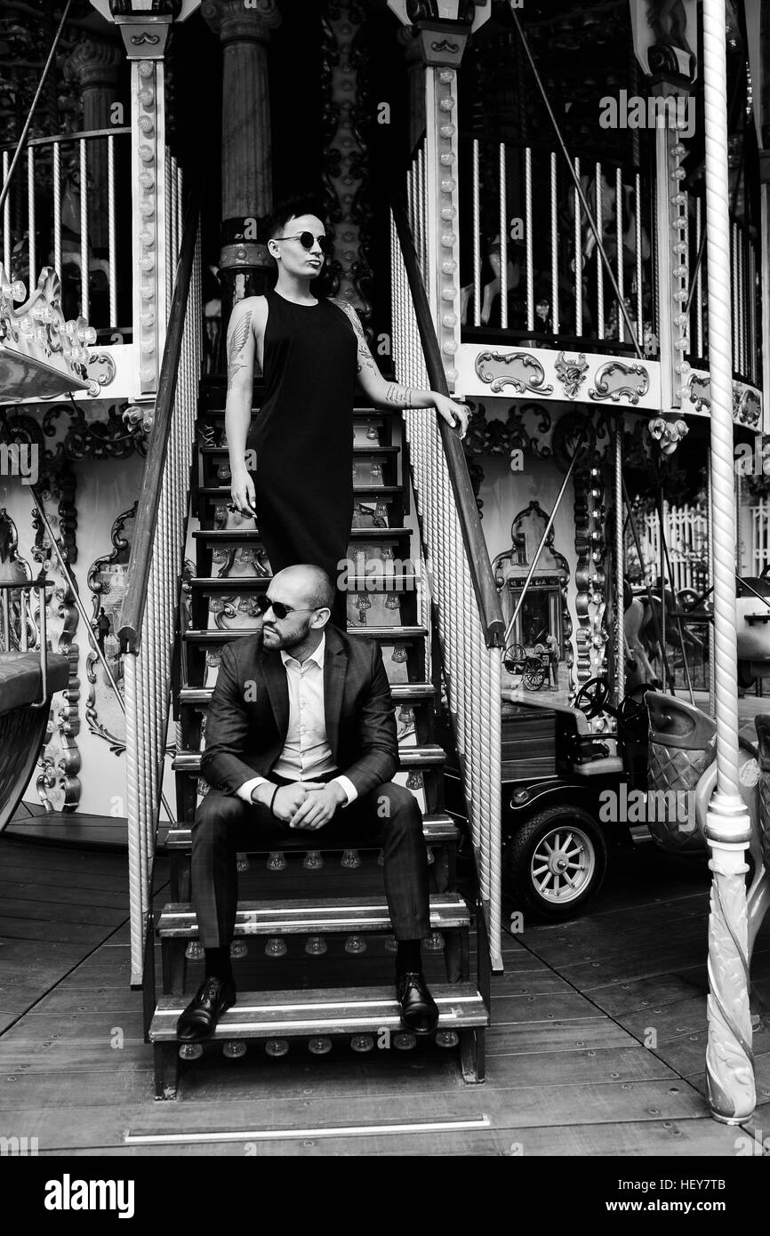 Woman riding horse on carousel Black and White Stock Photos & Images ...