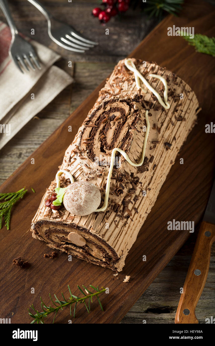 Homemade Chocolate Christmas Yule Log with Mousse and Frosting Stock ...
