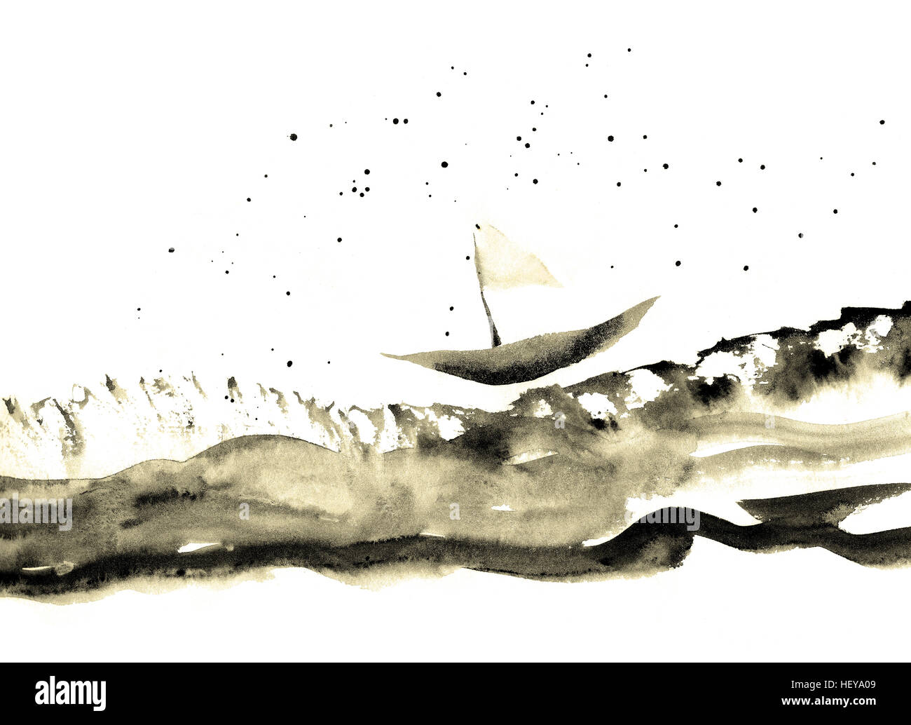 Ship running on the waves. Watercolor Stock Photo - Alamy